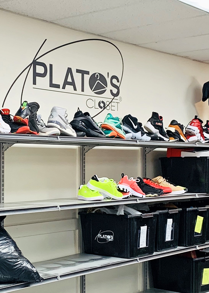 The footwear section: where barely-worn Nikes and pristine boots await their second chance at adventure on your feet.