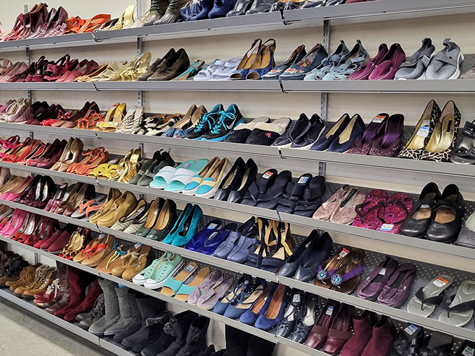 Shoe paradise! Row after colorful row of footwear fantasies. Someone's "these hurt my feet" becomes your "these were made for walking" at a fraction of retail.