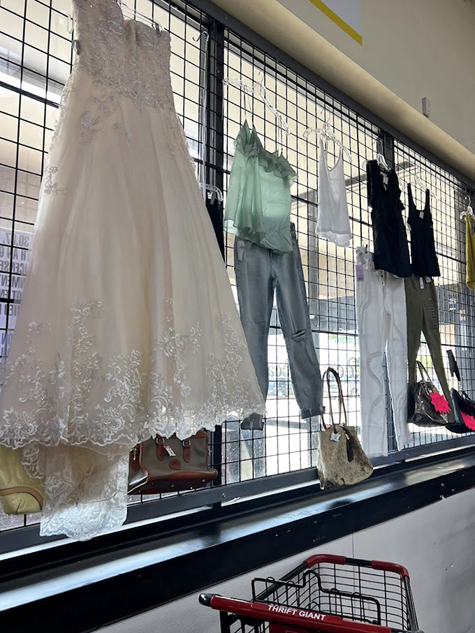 Wedding gowns and formal wear hanging like elegant ghosts of celebrations past, ready for their next special occasion.