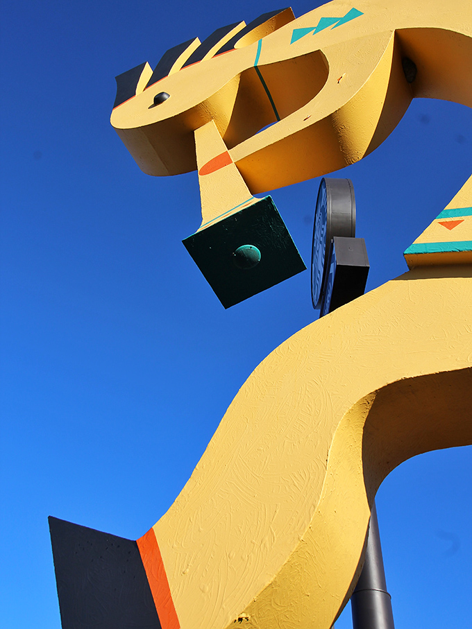 The geometric patterns and turquoise accents pop against the desert sky, a masterclass in supersized Southwestern design.