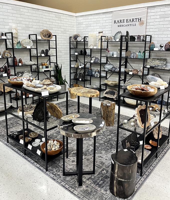 Gemstones and crystals displayed with the kind of care usually reserved for crown jewels or really good chocolate.