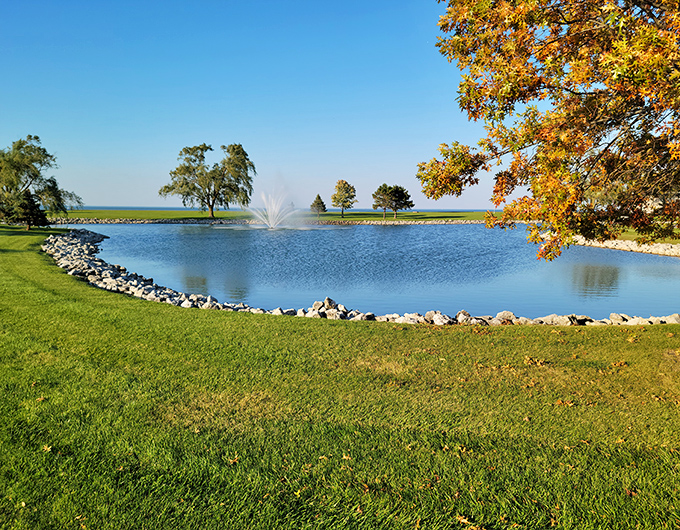 Water features aren't just for swimming. This golf course pond reflects the sky so perfectly you might putt your ball into the clouds.