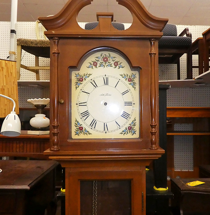 This stately grandfather clock doesn't just tell time; it tells stories of craftsmanship from an era when things were built to last.