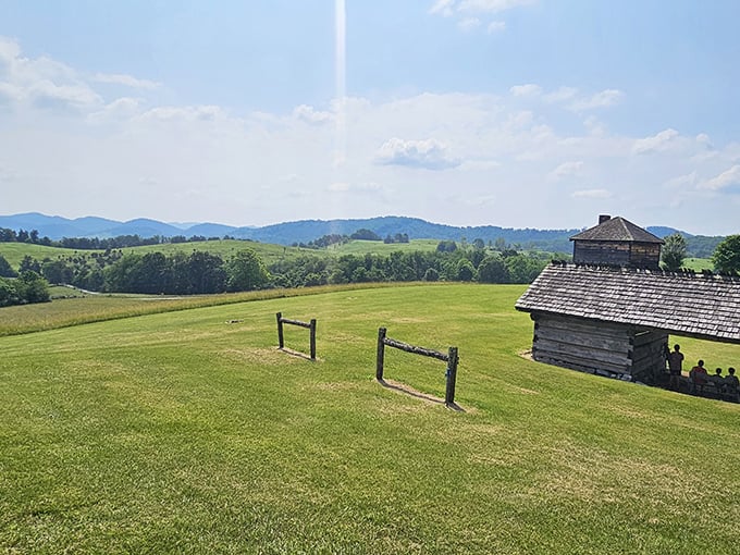 Rolling hills stretch to the horizon beyond the historic cabin. This view hasn't changed much in 200 years, thank goodness. 