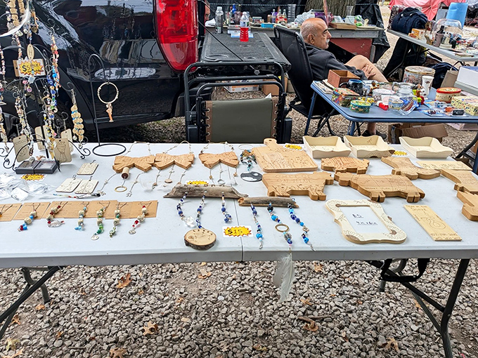 Wooden crafts and handmade jewelry spread across tables, where creativity meets affordability in the most delightful collision.