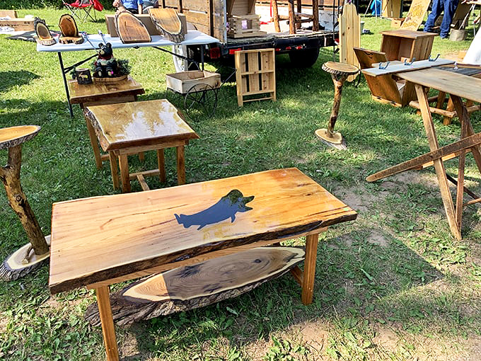 Wisconsin craftsmanship meets nature in these handmade wooden tables. That blue fish inlay isn't just decoration&mdash;it's a conversation starter waiting to swim into your living room.