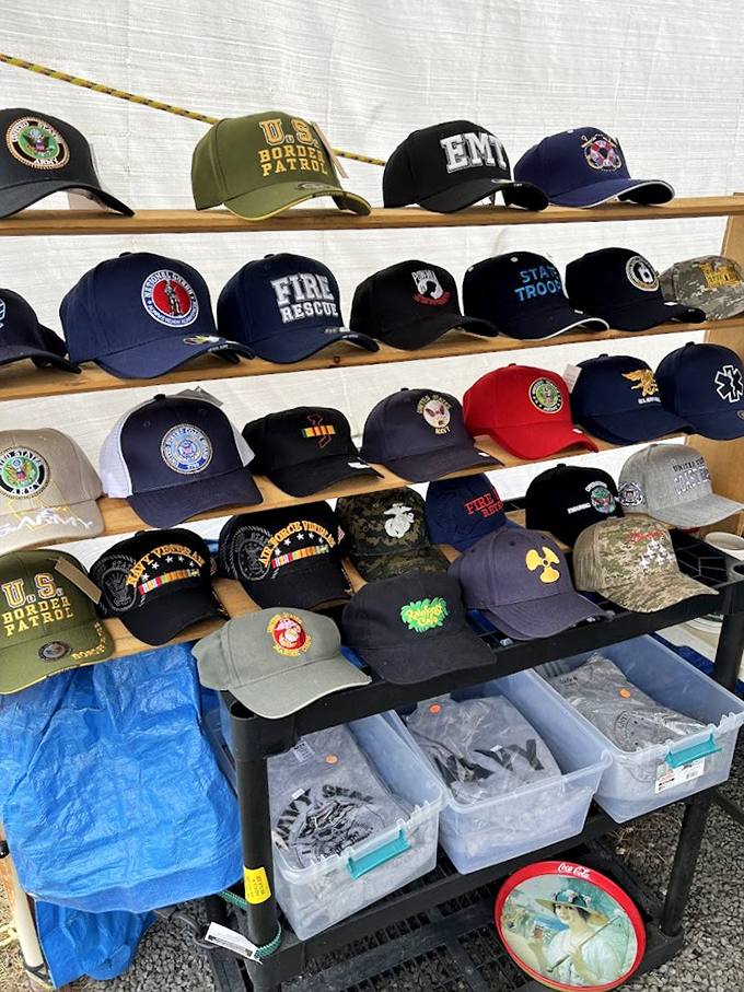 A patriotic display of service caps tells American stories &ndash; from Fire Rescue to Military branches, history wears many hats here.