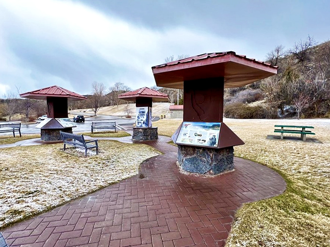 Even in winter's embrace, the park welcomes the curious. These information kiosks tell stories of geology, history, and human daring.