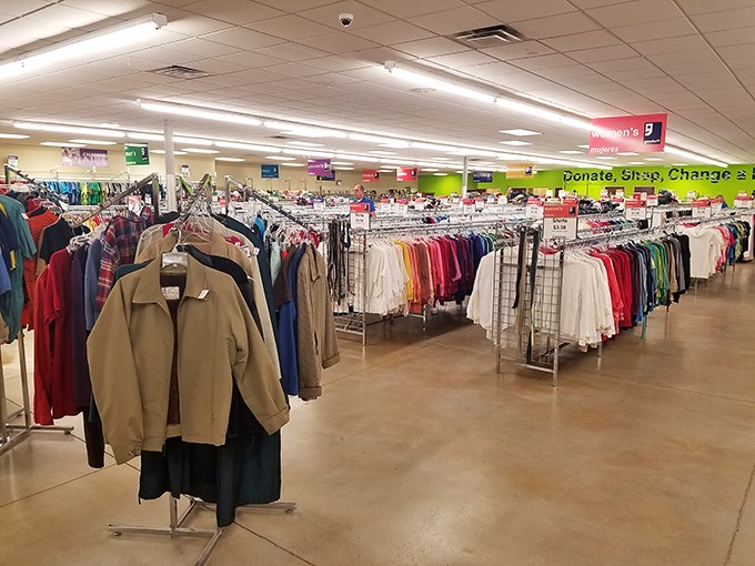 Racks on racks on racks! The clothing section stretches toward the horizon like the world's most organized yard sale, promising treasures for patient hunters.