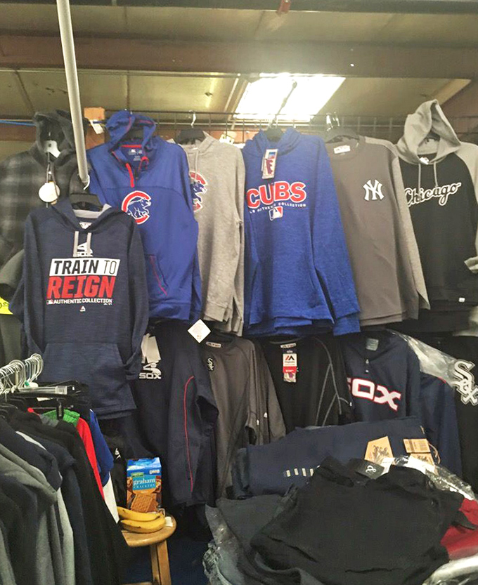 Cubs and White Sox gear hanging side by side &ndash; proof that peace is possible in retail.