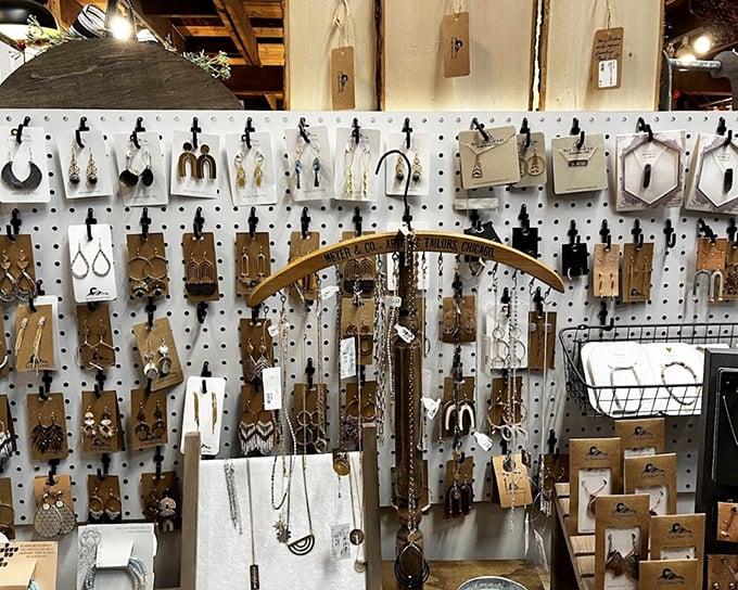 A pegboard paradise of handcrafted jewelry awaits, where your next signature accessory hangs patiently, waiting to be discovered.
