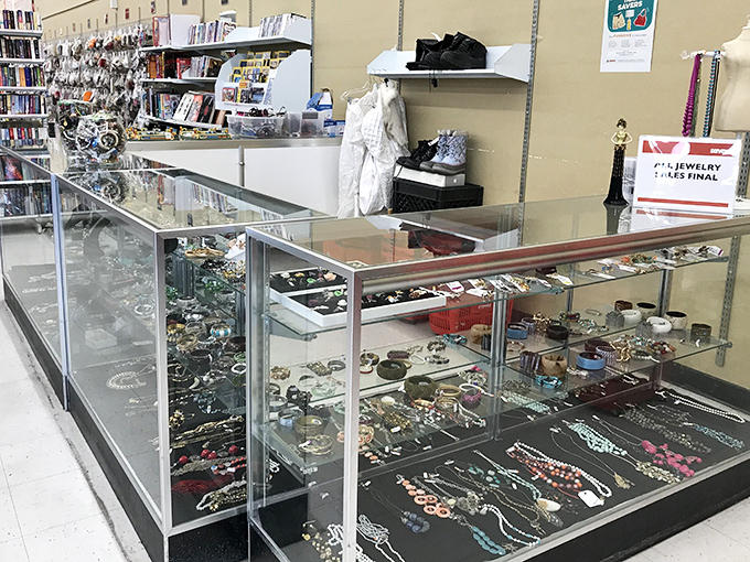 The jewelry counter sparkles with possibilities. That statement necklace could be your conversation starter at the next neighborhood barbecue.