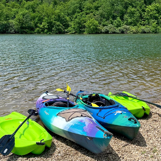 Kayaks waiting patiently for their next adventure&mdash;like colorful pets hoping you'll take them for a paddle across Wolf Run Lake.