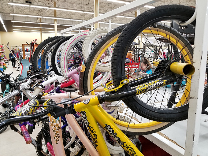 Childhood on wheels&mdash;a lineup of bikes in every color imaginable. Some lucky kid's next adventure vehicle is waiting right here for a fraction of retail.