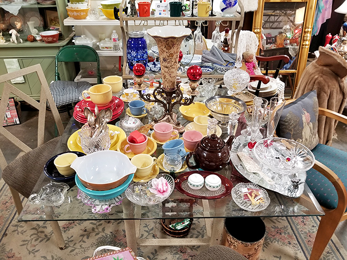 Grandma's china cabinet exploded in the best possible way. Fiestaware mingles with crystal in a colorful conversation across generations.