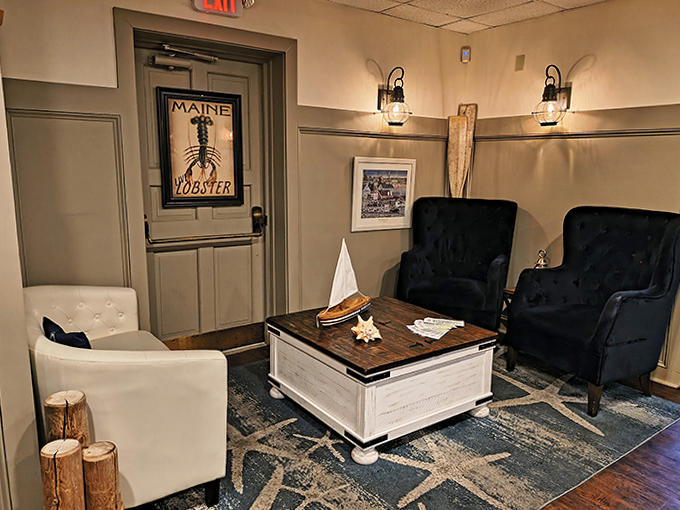 The cozy waiting area feels like the parlor of a coastal bed and breakfast. That "Maine Lobster" sign is practically a promise of good things to come.