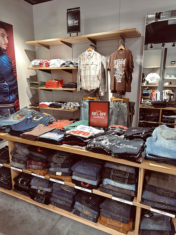 Men's fashion with clearance signs that speak the universal language of "you need this shirt" to husbands who insist they already have enough clothes.