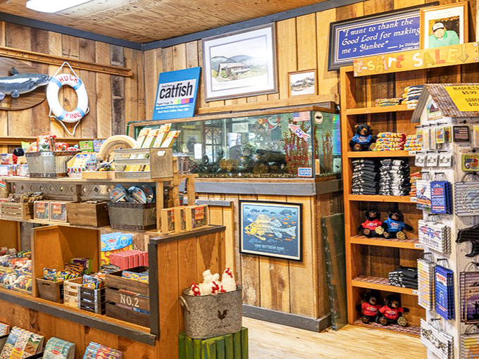 Not just a gift shop—it's a museum of fishing culture with an aquarium centerpiece. Because what's better than eating catfish? Watching them while you do it.