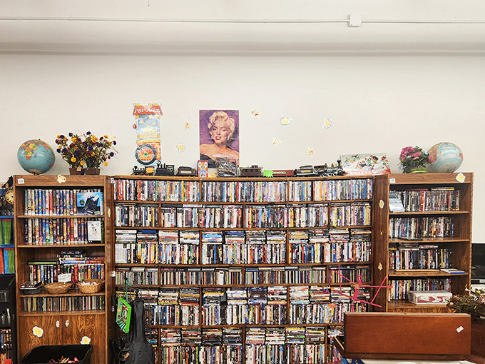 A DVD collection that rivals the old Blockbuster store. That Marilyn Monroe poster watches over these movies like a glamorous guardian angel.