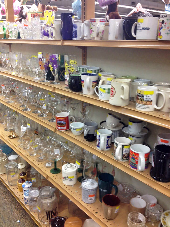 Mugs with corporate logos and vacation destinations tell silent stories of past lives while offering bargain-priced morning coffee vessels.