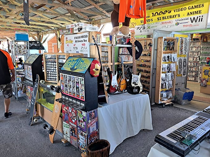 This vendor's musical corner hits all the right notes, from vintage video games to guitars waiting for their next stadium-bathroom-sized performance venue.