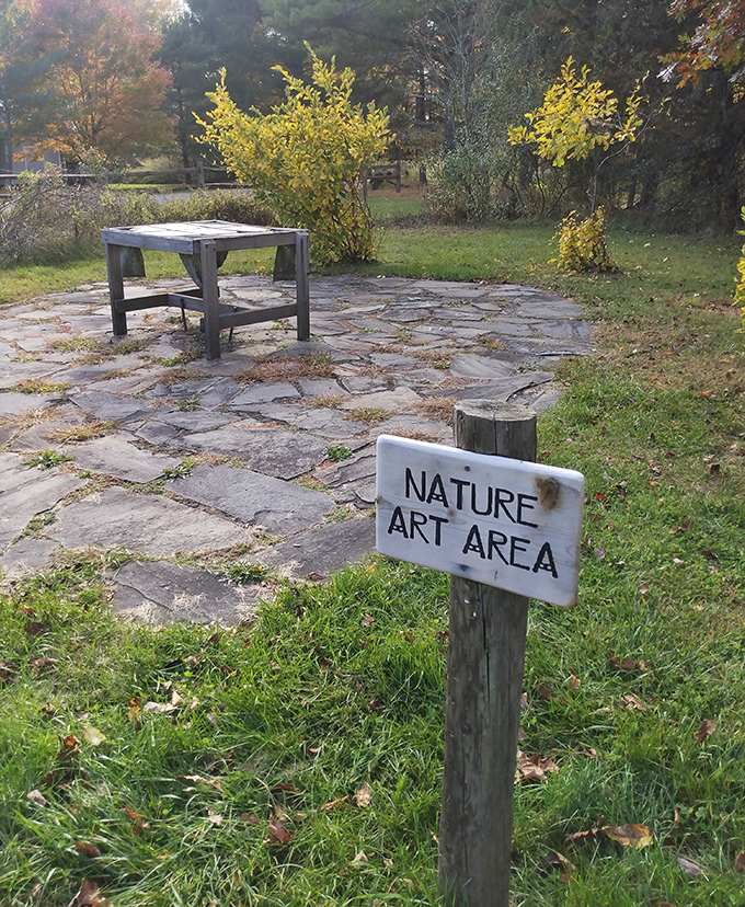 The "Nature Art Area" invites creativity using Earth's own materials. Michelangelo had marble; here, you've got sticks, stones, and imagination.