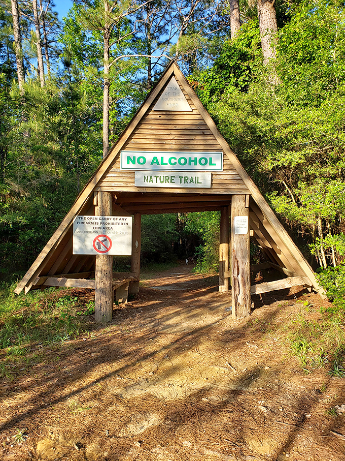 Nature's classroom awaits beyond this rustic A-frame entrance. The trail doesn't just offer a walk&mdash;it promises lessons only wilderness can teach.