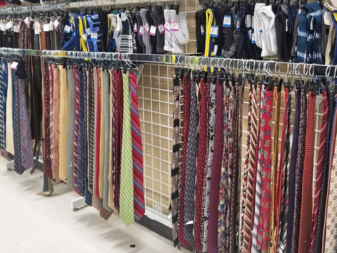 The necktie section&mdash;where power lunches of yesteryear hang in suspended animation. That red one definitely closed some deals in its day.