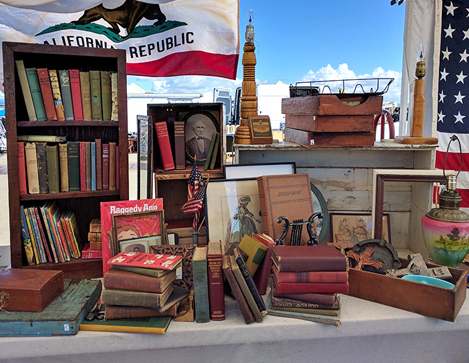 Vintage books stacked beneath a California flag&mdash;literary treasures for bibliophiles who judge books by both covers and content.
