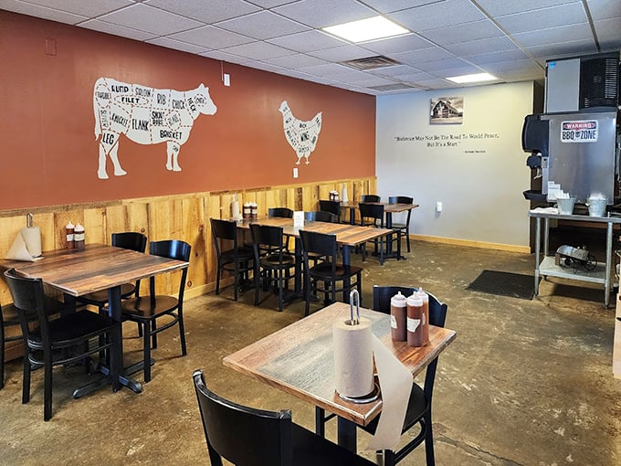 Wall art featuring butcher diagrams adds authentic charm, reminding you exactly where all this deliciousness comes from.