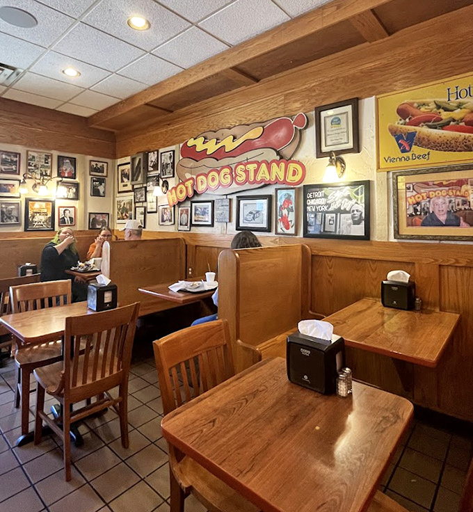 Wood paneling and booth seating create that perfect nostalgic diner atmosphere. No interior designer needed&mdash;just decades of serving happy customers.