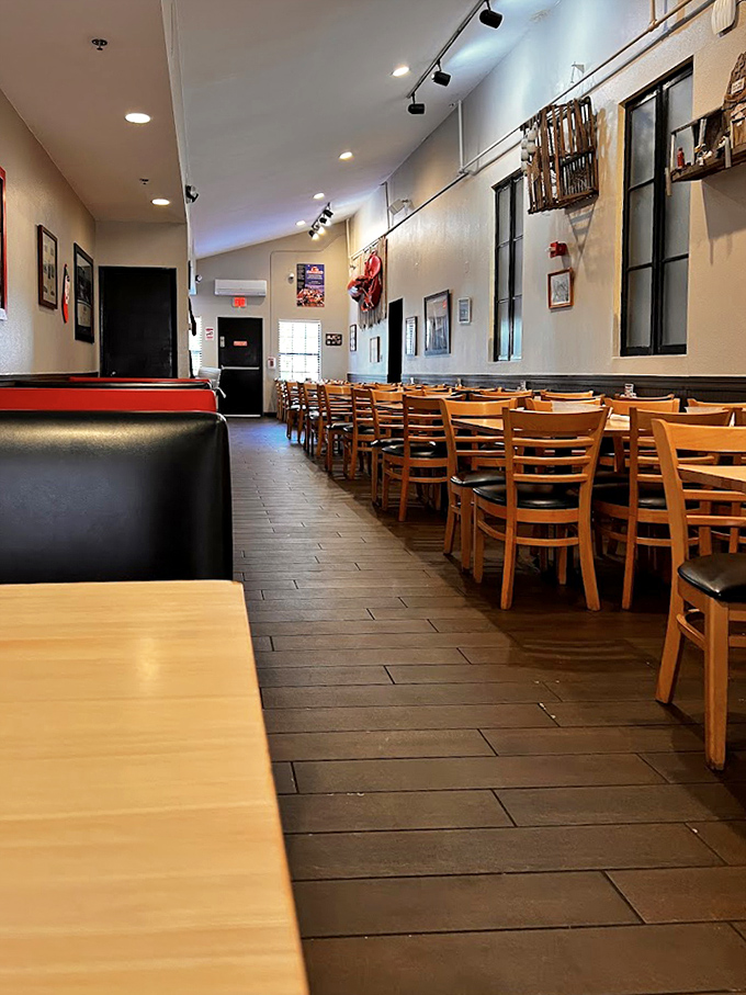 Clean lines and warm wood tones create a welcoming atmosphere where the focus remains squarely on the upcoming feast.