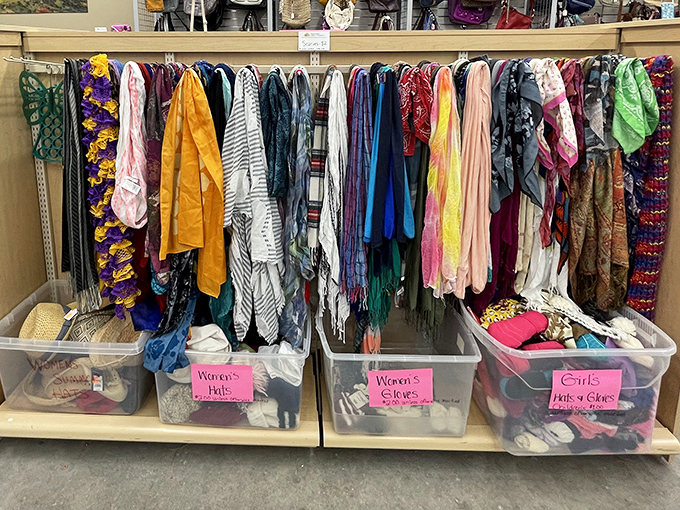 Scarf heaven! These colorful accessories await their chance to transform outfits from ordinary to extraordinary, all organized in bins that make browsing a breeze.