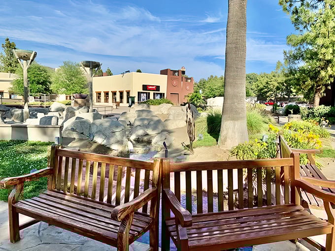 Wooden benches strategically placed for weary shoppers or patient partners who've mastered the supportive nod while thinking about lunch options.