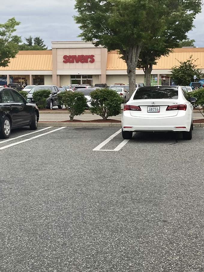 The mothership of secondhand shopping seen from the parking lot. Cars gather like pilgrims at this temple of thrift.
