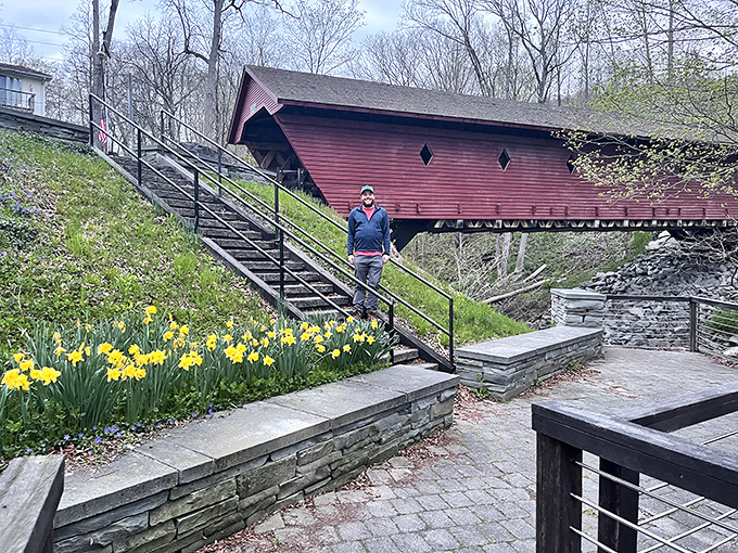Spring brings daffodils and visitors to the bridge overlook. Those stairs lead to one of the most photographed spots in Tompkins County.