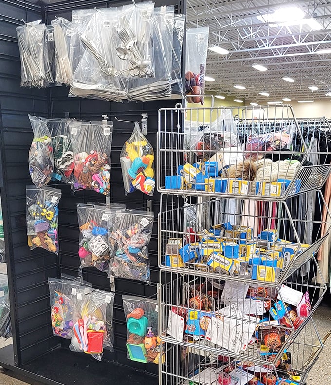 Bagged toys and bin treasures—childhood joy packaged in plastic, waiting for second chances and new adventures.