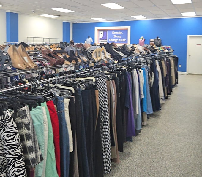 The pants and skirts section offers everything from work-appropriate attire to weekend casual, with shoes conveniently displayed above.