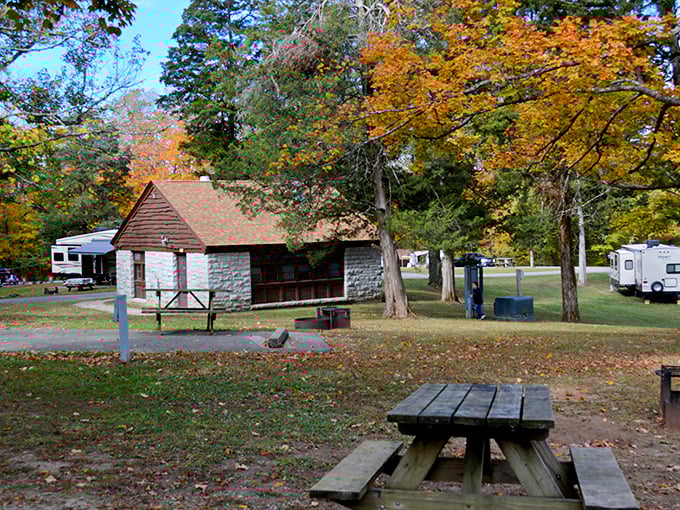 The historic stone shelter, built by determined CCC hands, stands ready for family gatherings and memory-making.