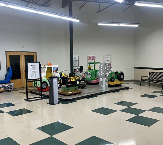 Kid-friendly pit stops like these ride-on attractions are the unsung heroes of successful family shopping expeditions. Quarters well spent.