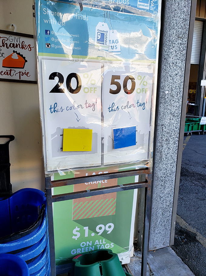 The color tag system&mdash;thrift store lottery where yellow and blue mean extra savings. It's like happy hour, but for shopping instead of mai tais.