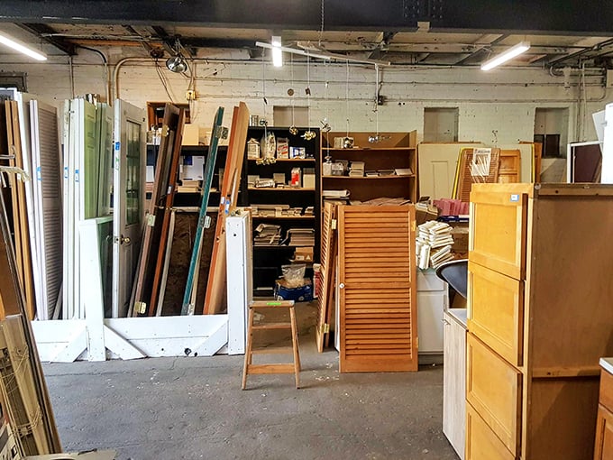 Doors, windows, and architectural elements create a salvage yard that's part hardware store, part time machine to bygone craftsmanship.