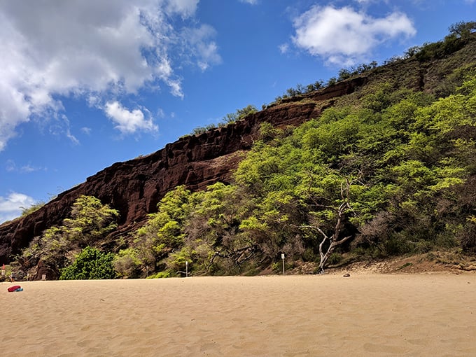 Those red cliffs aren't just for show – they're millions of years of Hawaiian history standing guard over paradise.