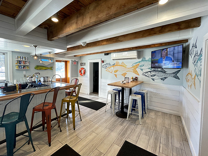 Exposed wooden beams and fish murals create the perfect backdrop for seafood feasting. This isn't designer "nautical chic"&mdash;it's authentic waterman style that can't be faked.