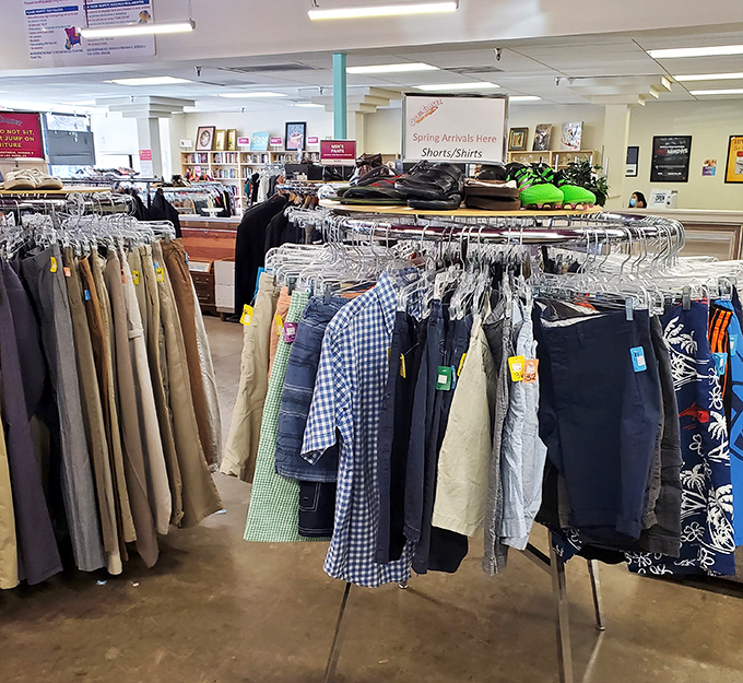 The men's section offers everything from casual to business attire. That checkered shirt is just waiting for its Texas comeback tour.