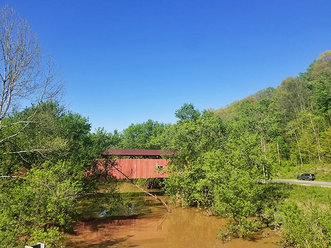 The aerial perspective reveals how perfectly the bridge connects two worlds—a crimson thread stitching together patches of Ohio's verdant landscape.