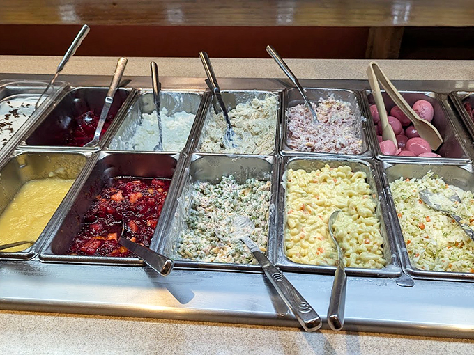 The salad bar's colorful array offers a fresh counterpoint to heartier fare &ndash; though "salad" might be stretching it for some selections.