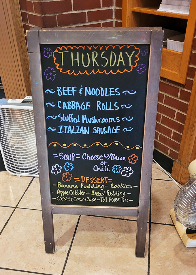 The specials board&mdash;a daily newspaper of deliciousness. Thursday's cabbage rolls share the spotlight with beef & noodles and homemade desserts. 