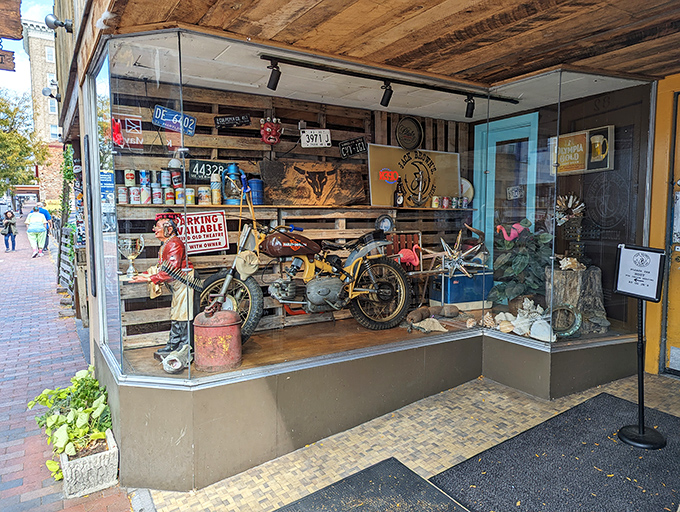 A vintage motorcycle display that reminds you this isn't corporate dining&mdash;it's a passion project with personality and unexpected treasures.