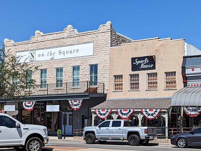 Patriotic bunting adorns these historic buildings on the square, where shopping local isn't just a slogan&mdash;it's the natural order of things.